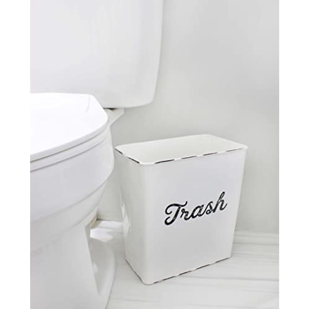 AuldHome White Enamel Trash Can, Rustic Farmhouse Wastebasket for Bathroom, Bedroom, or Office