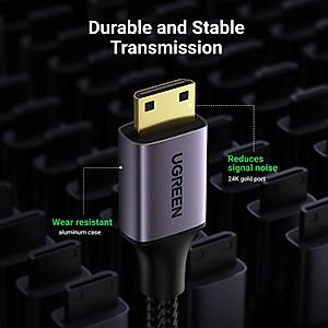 UGREEN Mini HDMI to HDMI Adapter Aluminum Shell Braided 4K 60Hz HDR 3D Compatible with Raspberry Pi Zero 2 W/W Portable Monitor DSLR Camera Camcorder Graphics Card Laptop Projector Tablet, Grey