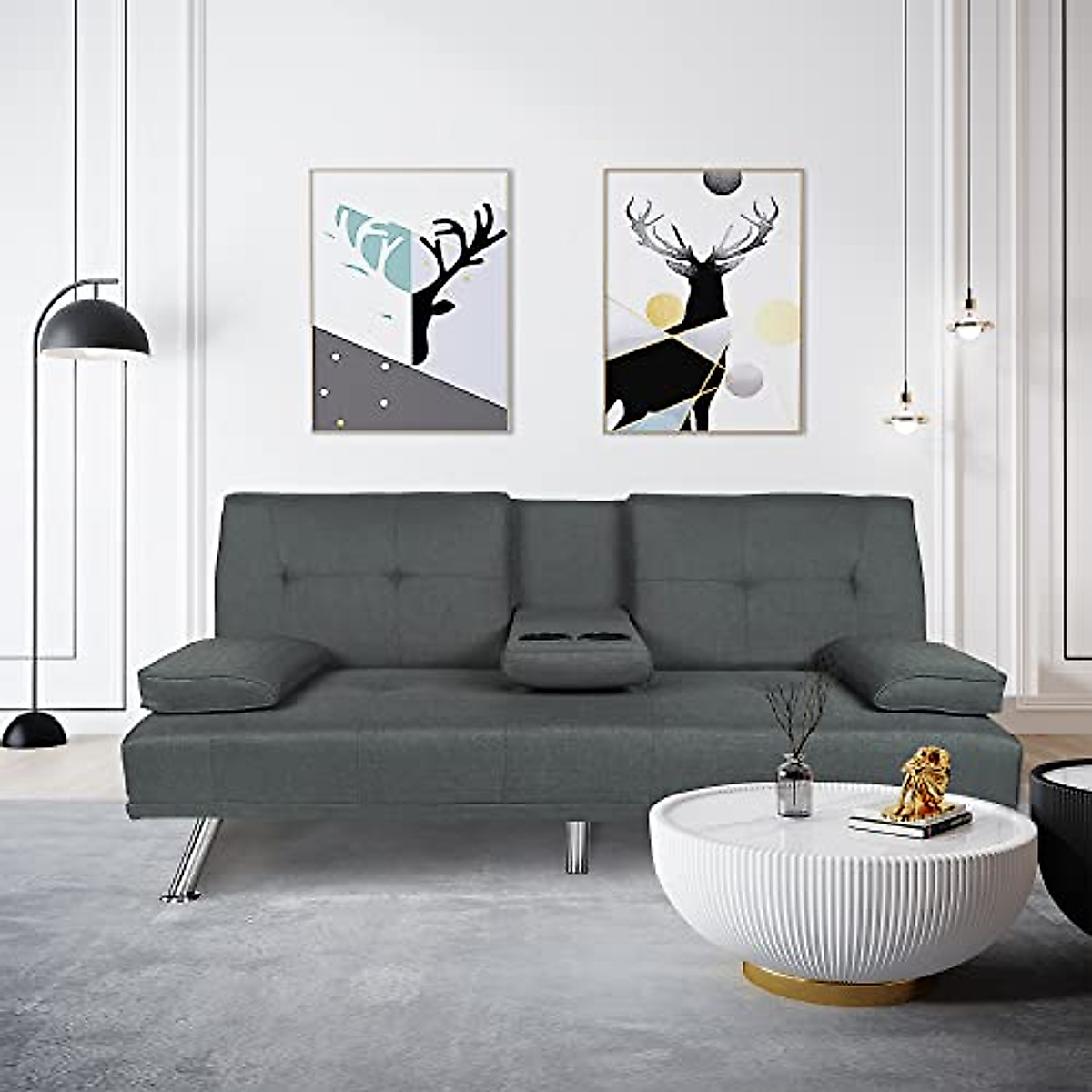 Tufted Futon Loveseat Sofa Couch with Cup Holders Convertible Linen Upholstered Sleeper Guest Bed Folding Recliner Twin Size Small Love 2-Seat Sofá,Metal Legs,Removable Soft Pillow-Top Armrest