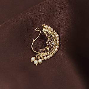I Jewels 18k Gold Plated Indian Wedding Bollywood Ethnic Bridal Nose Ring/Nath without piercing Encased with Pearl Stone for Women/Girls (NL45M)