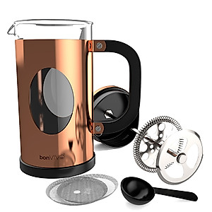 bonVIVO GAZETARO I Large French Press Coffee Maker - Glass French Coffee Press Machine Made of Heat Resistant Stainless Steel and Borosilicate Glass in Copper Finish, With Filter, 34 ounces…