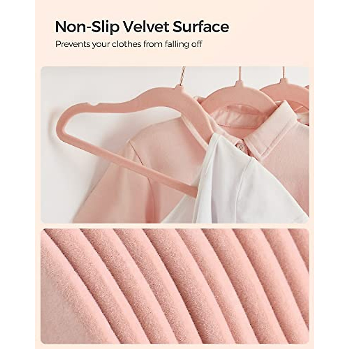 SONGMICS Kids Hangers Velvet 50 Pack, Children’s Hangers for Closet with Rose Gold Hooks, Premium Velvet Hangers for Nursery, Non-Slip Hangers, Light Pink UCRF027P01