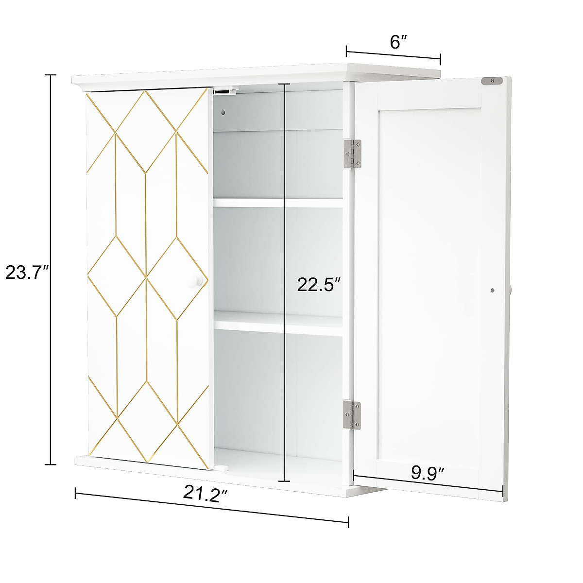 AZODY Bathroom Cabinet with Gold Trim, Wall-Mounted Bathroom Storage Cabinet with Adjustable Shelves and Side Hooks, Space Saver Medicine Cabinet for Livingroom, Laundry, Classical White