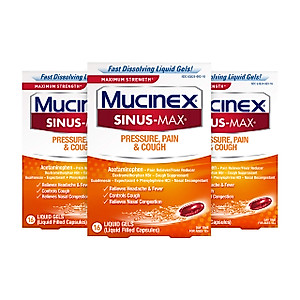 Mucinex Sinus-Max Maximum Strength Pressure, Pain & Cough, Sinus Symptom Relief, Pain Reliever, Cough Suppressant, Expectorant and Nasal Decongestant, 16 Liquid Gels (Pack of 3)