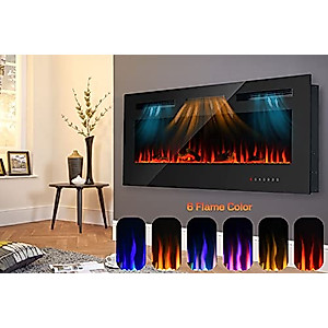 Uthfy 36" Electric Fireplace,1500W Recess & Wall Mounted Fireplace Heater & Linear Fireplace,6 Flame & 9 Ember Bed Colors,Remote Control,8H Timer,Adjustable Thermostat,Log & Crystal, Black (HY-HW36)