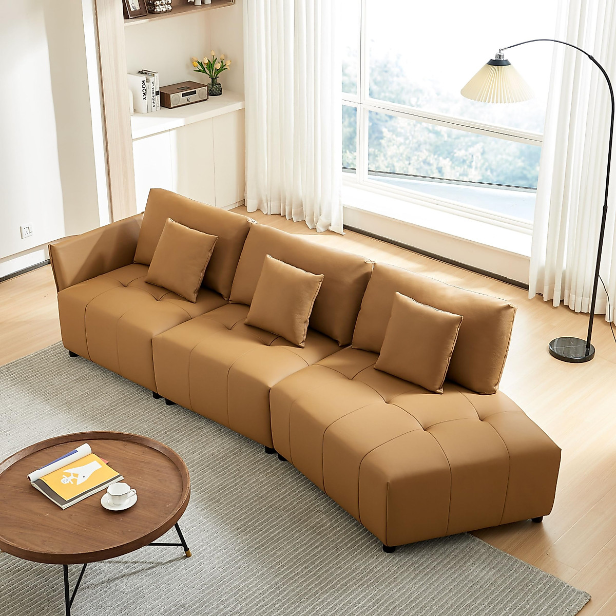 Modern Living Room Curved Sofa, Real Leather Modular Sectional Sofa, Chaise Lounge Couch, 3-Seater Corner Couch, 120'' Sofa Couch with 3 Pillows, Apartment, Home Furniture, Office, Brown Couch
