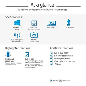 HP Pavilion Desktop Computer, Intel Core i7-7700, 12GB RAM, 1TB Hard Drive, Windows 10 (570-p030, Black)