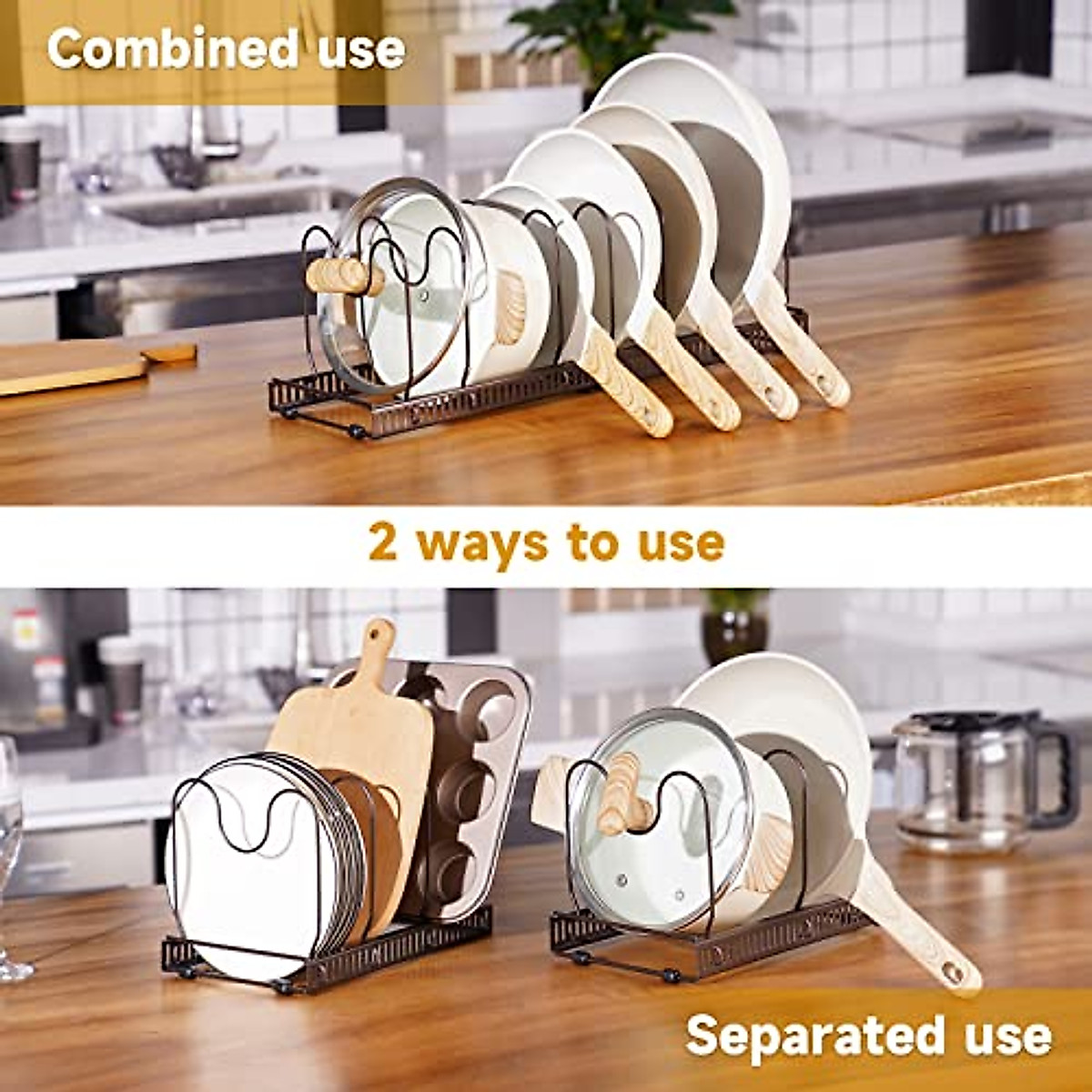 Tomorotec 7+ Pot and Pan Organizer for Cabinet Lid Holder Expandable, Cabinet Pot Lid Storage Rack Organizer for Frying Pan Kitchen(Bronze)