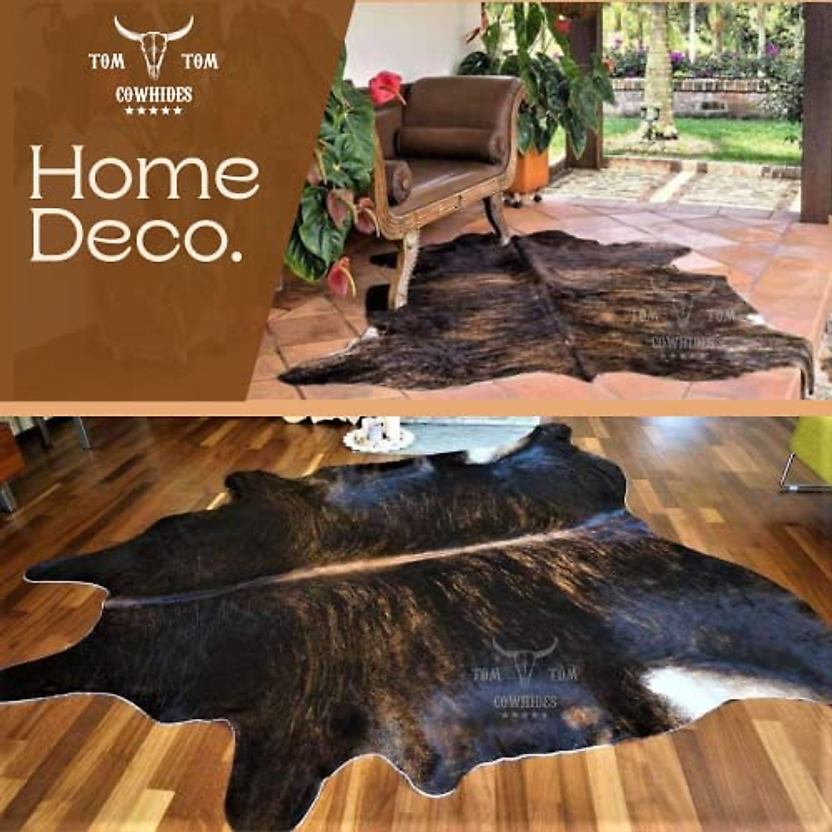 Tomtom Cowhides Brindle Dark Cowhide Rug 100% Natural Leather Rugs 7' x '6