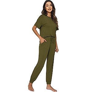 WiWi Viscose from Bamboo Pajamas Set for Women Short Sleeve Loungewear 2 Piece Outfit Long Pants Jogger Sets S-XXL, Dark Army Green, Medium