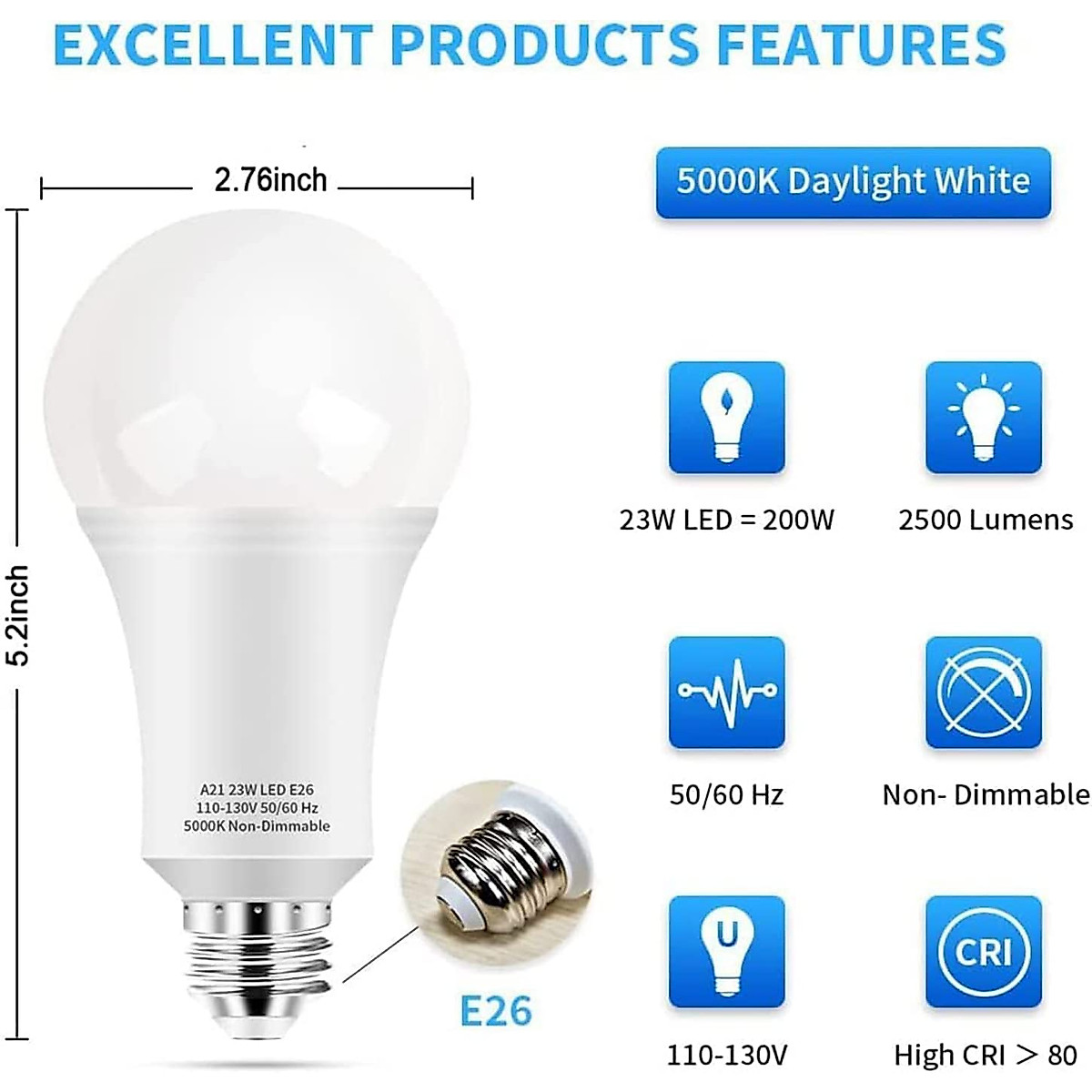 A21 LED Light Bulbs, 150 Watt Equivalent LED Bulbs, Daylight White 5000K, 2500 Lumens, E26 Base, 23W Light Bulbs for Bedroom Living Room Commercial Lighting, Non-Dimmable, Pack of 8