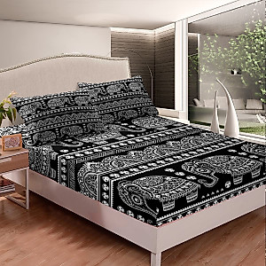 Elephant Fitted Sheet Full,Exotic Bohemian Black and White Bed Sheets Paisley Floral Bedding Sets for Kids Child,Ethnic Tribal Wildlife Bedding Decor Set Tribe Western Animals Boho Room Decor
