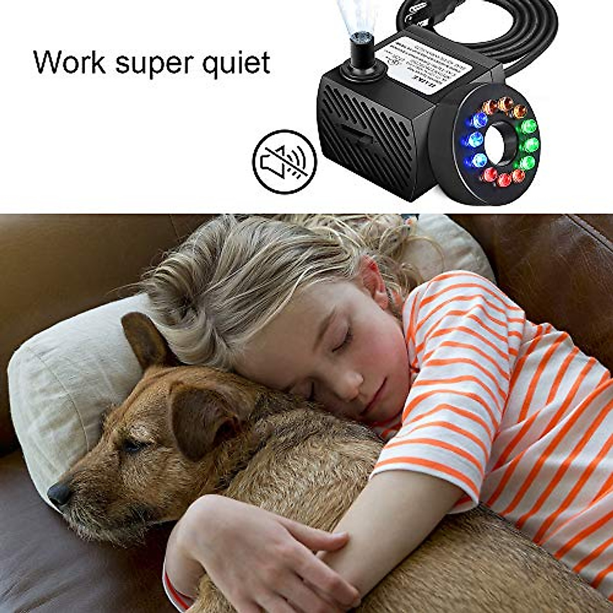 BestFire 90 GPH (350L/H, 5W) Submersible Water Pump, Ultra Quiet Fountain Water Pump with 5.9ft Power Cord, 12 Colorful Leds, 2 Nozzles for Fish Tank, Aquarium(US Plug)