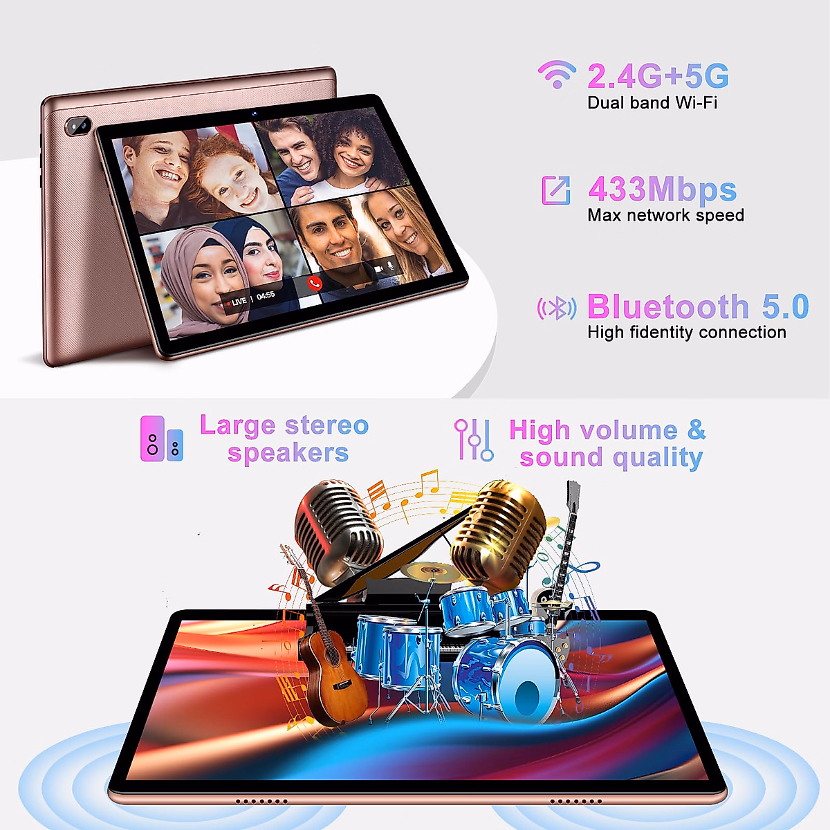 Tablet 10 inch Android 13 Tablet Octa-Core 2.0 GHz with 12GB RAM 128GB ROM, 5G WiFi, 6000mAh, HD IPS Touchscreen, Bluetooth 5.0, 1280 * 800, 5+8 MP 2 in 1 Tablet with Keyboard and Mouse - Rose