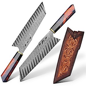 FZIZUO Damascus Steel Santoku Knife Handmade Japanese Tanto Chef Knife with Sheath 8inch Bunka Knife Vegetable Slicing Knives Stabilized wooden handle