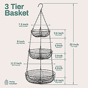Home Intuition 3-Tier Hanging Fruit Product Basket with Heavy Duty Wire and 2 Metal Ceiling Hooks, Round, Black
