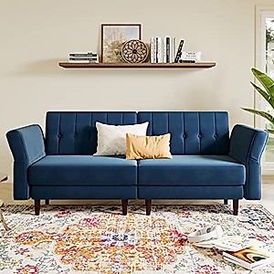 Belffin Velvet Convertible Futon Sofa Bed Memory Foam Futon Couch Sleeper Sofa Blue