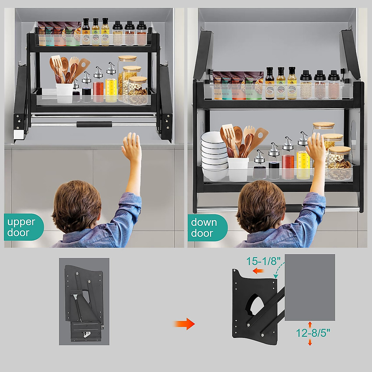 Ebusin 24 Inch Pull Down Cabinet Organizer - 2 Tier Kitchen Cabinet Pull Down Shelf for Space-Saving Convenience. Ideal Spice Rack Organizer for Kitchen Cabinets.