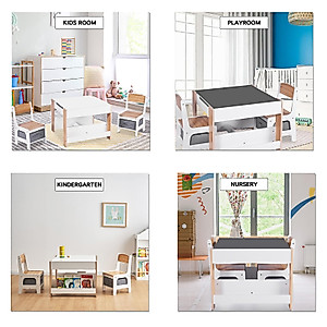 XJD Kids Table and Chair Set, 5 in 1 Toddler Desk with Storage Drawer, Wooden Activity Table with 2 in 1 Detachable Tabletop and Bookshelf, Ideal for Classroom, Home, Nursery, Playroom