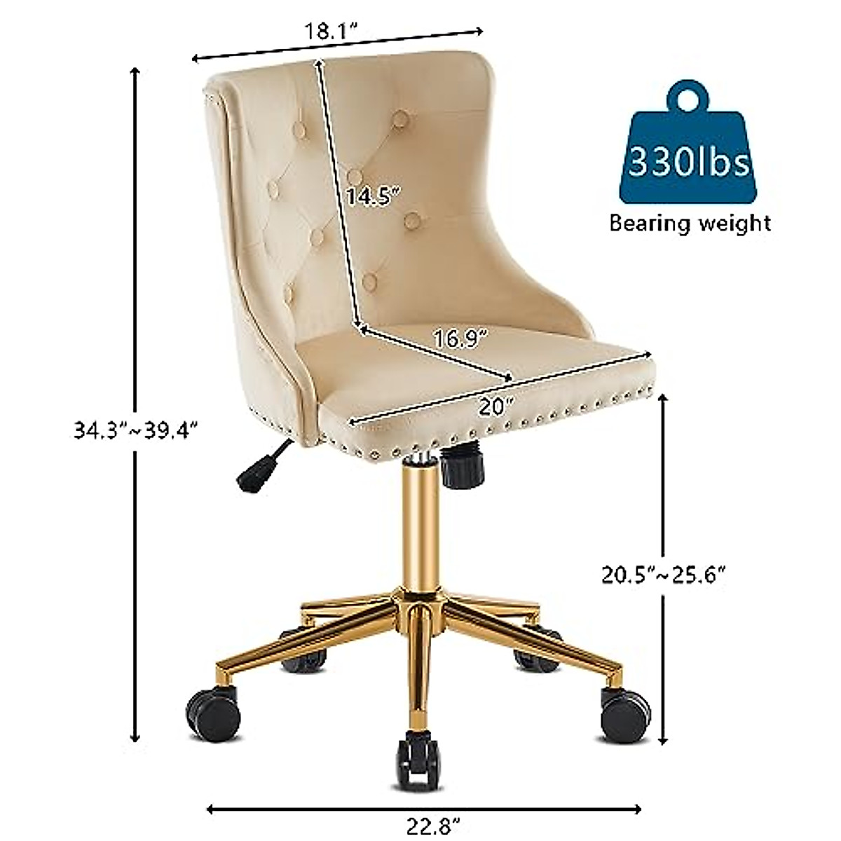 VINGLI Beige Velvet Armless Home Office Desk Chair with Gold Base/Wheels, Small Cute Vanity/Makeup Chair with Back for Bedroom, Upholstered Adjustable Rolling Swivel Nail Chair for Women/Girls
