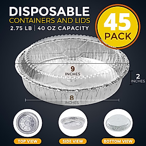 Fit Meal Prep 45 Pack 9” Round Aluminum Foil Pans with Clear Dome Lids, Pie Tins Disposable 9 inch with Lids, Take Out Containers, Freezer Oven Safe Aluminum Baking Pans for Storing, Cooking, Storage