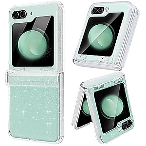 Btscase for Samsung Galaxy Z Flip 5 Case,Built in Front Screen Protector,Gold Glitter Marble Pattern Hard PC Slim Shockproof Full Body Drop Protective Case for Galaxy Z Flip 5 5G (2023), Clear Glitter