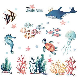 Amaonm Giant Removable 3D DIY Under The Sea World Wall Decals Ocean Animals Wall Stickers Ocean Fish Seahorse Coral Turtle Wall Decor for Girls Bedroom Kids Bathroom Home Walls Living Room Decoration