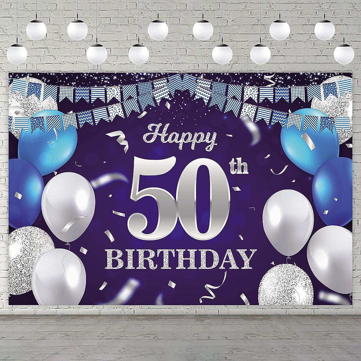 Happy 50th Birthday Banner Backdrop Navy Blue Balloons Confetti Stripe Flag Light Spots Cheers to 50 Years Old Theme Decorations Decor for Women Men 50th Birthday Party Bday Supplies Glitter Silver