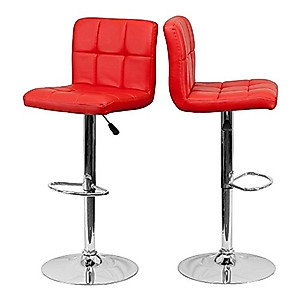 KLS14 Modern Design Barstools Hight Adjustable Seat Hydraulic 360-Degree Swivel Sturdy Steel Frame Padded Cushion Seat Dining Chair Bar Pub Stool Home Office Furniture - Set of 2 Red #1974
