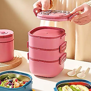 Tinaforld All-in-One Salad Container - Large 82-oz Salad Bowl, Bento Lunch Box,3-layer Bento-Style Tray for Toppings, 3-oz Sauce Container for Dressings, and Built-In Reusable Fork and Knife (2400ml-3-Layer-Pink)
