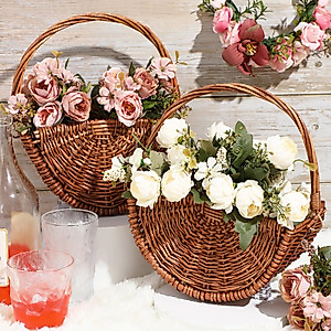 Willinglong 2 Pcs Wicker Flower Girl Baskets Small Wicker Basket with Handle Boho Wedding Baskets Half Moon Wicker Flower Basket Rattan Woven Gift Basket for Wedding Party Bridal Shower (Dark Color)