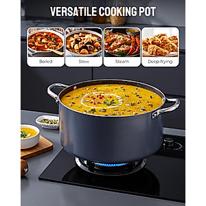 BEZIA 10 Quart Cooking Pot, Large Non Stick Induction Stock Pot with Lid, All Stove Compatible, 10 QT Aluminum Soup/Stew Pot For Large-batch Cooking, Grey