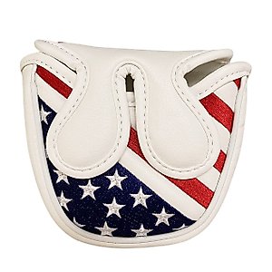 Embroidery Stars & Stripes Center Shafted Golf Mallet Putter Cover Magnetic Mallet Putter Head Cover Club Protective Case, Red White Blue Mallet Putter Headcover