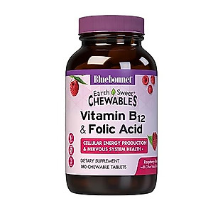Bluebonnet Nutrition Earth Sweet Vitamin B12 & Folic Acid Chewable Tablets, Cream Raspberry 180 Count (Pack of 1)