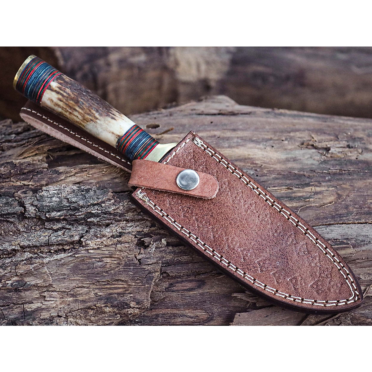 Custom Handmade Hunting Knife Skinner Fixed Blade Knife Damascus Steel 10'' Overall stag 'antler hanlde With Sheath