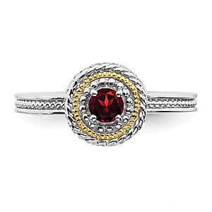 Solid 925 Sterling Silver and 14k Yellow Gold Stackable 925 Sterling Silver Garnet January Red Gemstone Ring Eternity Band Size 7