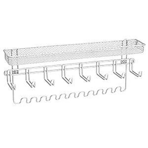 mDesign Steel Wall Mount Closet Jewelry Storage Organizer Rack Holder with 8 Hooks and Basket for Bedroom - Holds Necklaces, Bracelets, Watches, Sunglasses, Purses - Concerto Collection, White