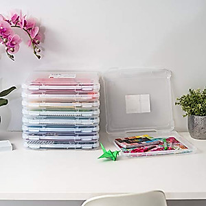 IRIS USA 6 Qt. Large Flat Plastic Modular Storage Bin Tote Organizing Container, 6 Pack, Clear and Purple & IRIS USA, Inc. IRIS Slim Portable Project Case, 10 Pack, Clear (586390)