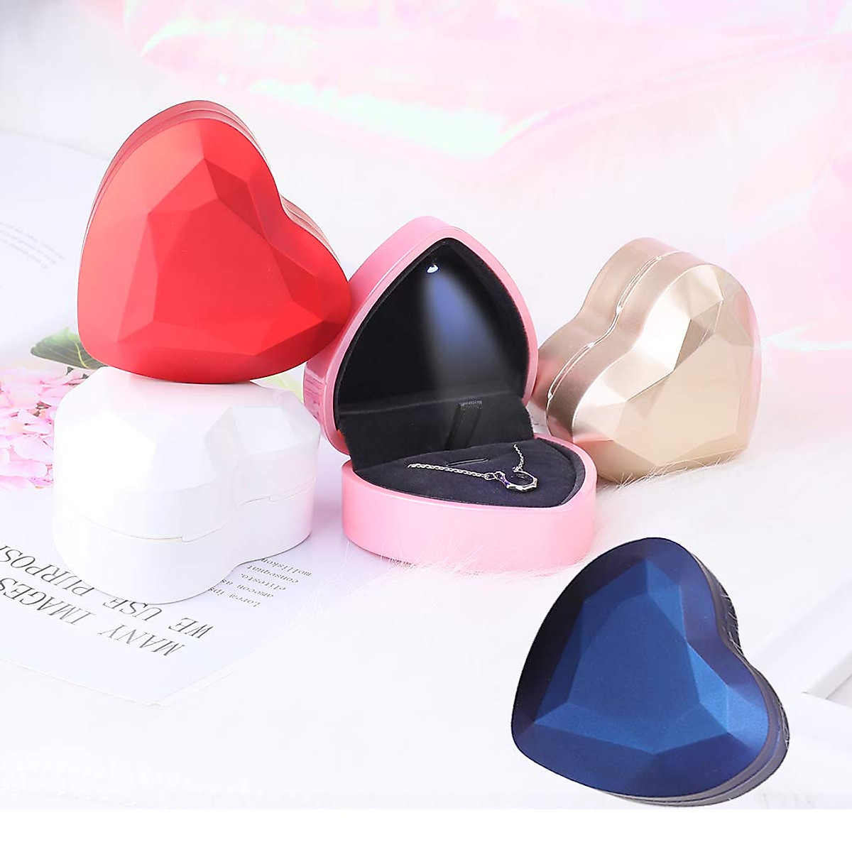 iSuperb Pendant Necklace Box with LED Light Heart Shape Jewelry Gift Box Bracelet Case for Anniversary Wedding Engagment (Pink)