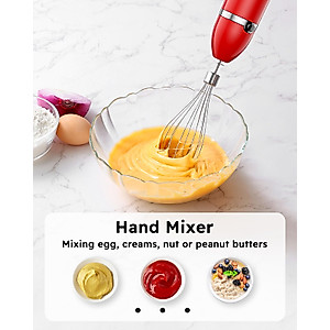 Sangcon Immersion Blender Handheld, 3-in-1 Hand Blender Electric, 400W Handheld Blender, Stainless Steel Blade Stick Blender with Whisk, Milk Frother Attachments - Red