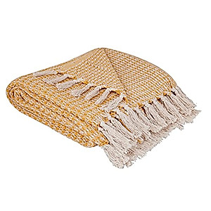 Yellow Cotton Throw Blanket - Waffle Weave Throw Blanket 60”x48” - Farmhouse Throw Blanket - Throw Blanket for Couch Sofa Chair Bed - Blanket for all Seasons - Yellow Decorative Blanket with Fringe