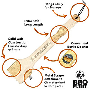 BBQ Butler Wood Grill Scraper - Wooden Barbecue Cleaner - BBQ Tools - Bristle Free - Food Safe Oak Grill Scraper with Metal Scraping Hook and Bottle Opener