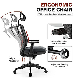 Home Office Desk Chair Ergonomic High Back Office Chair Mesh Office Chair Reclining Computer Chair Swivel Rolling Task Chair with Wheets, Coat Hanger and Adjustable Headrest Armrest, Grey