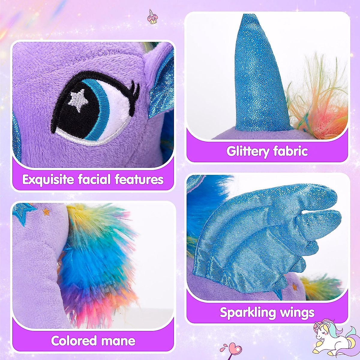 Houwsbaby 14'' Purple LED Light Up Unicorn Stuffed Animal,Unicorn Plush Toy,Glowing Horse Plush Toy Night Light Glitter Present for Kids Boys Girls Present for Easter Birthday Festival Christmas