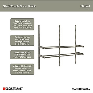 ClosetMaid ShelfTrack Shoe Rack Shelf Kit, Add On Accessory for 10 Pairs of Shoes, Adjustable Width, Nickel Finish