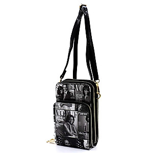 Amy & Joey Magazine Cover Collage Michelle Obama Printed Crossbody Bag Cellphone Purse Wallet (GRAY/BK)