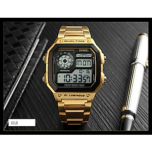 FANMIS Men's Luxury Digital Quartz Waterproof Wrist Watches Dual Time Countdown Alarm Stopwatch Backlight Multi-Function Watch (Gold)