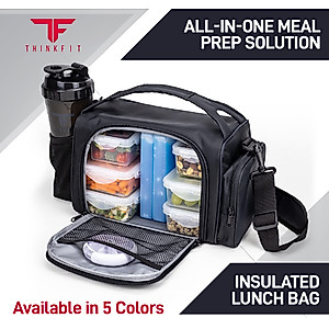 ThinkFit Insulated Meal Prep Lunch Box with 6 BPA-Free, Reusable, Microwavable, Freezer Safe Food Portion-Control Containers, Shaker Cup, Pill Organizer, Lunch Bag with Storage Pocket - (Black)