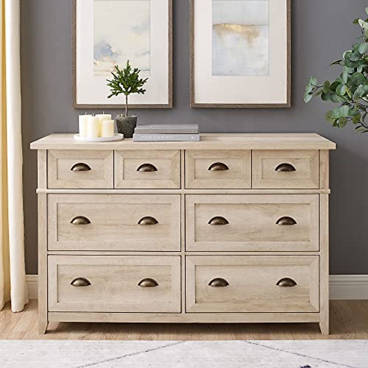 Walker Edison Modern Farmhouse 6-Drawer Framed Dresser with Half-Moon Handles, 52 Inch, White Oak