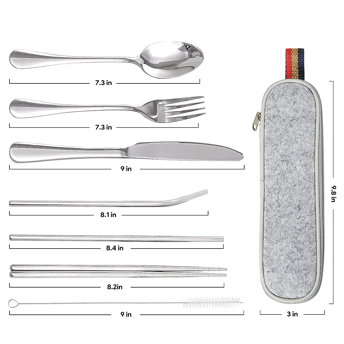 ZXZCTTC 8-Piece Stainless Steel Flatware set， Cutlery Set for Trip Camping,Dishwasher safe，including Knife Fork Spoon Chopsticks Cleaning Brush Straws with Portable Case，Not easy to fade (Silver)